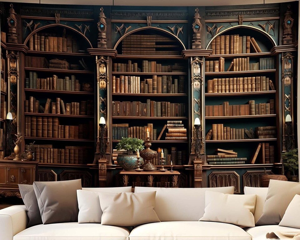 Large Medieval Bookcase Tapestry Vintage Gothic Bookshelf Library Wall ...