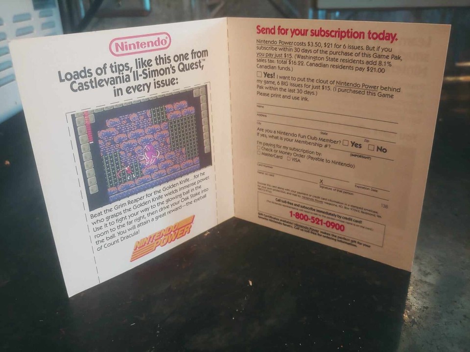 Vtg NINTENDO POWER Castlevania II Original Subscription Insert Card PMG ...
