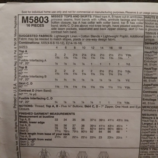 Hilary Duff McCall's Sewing Patterns Women's Skirt & Tops M5803 Size 4 ...