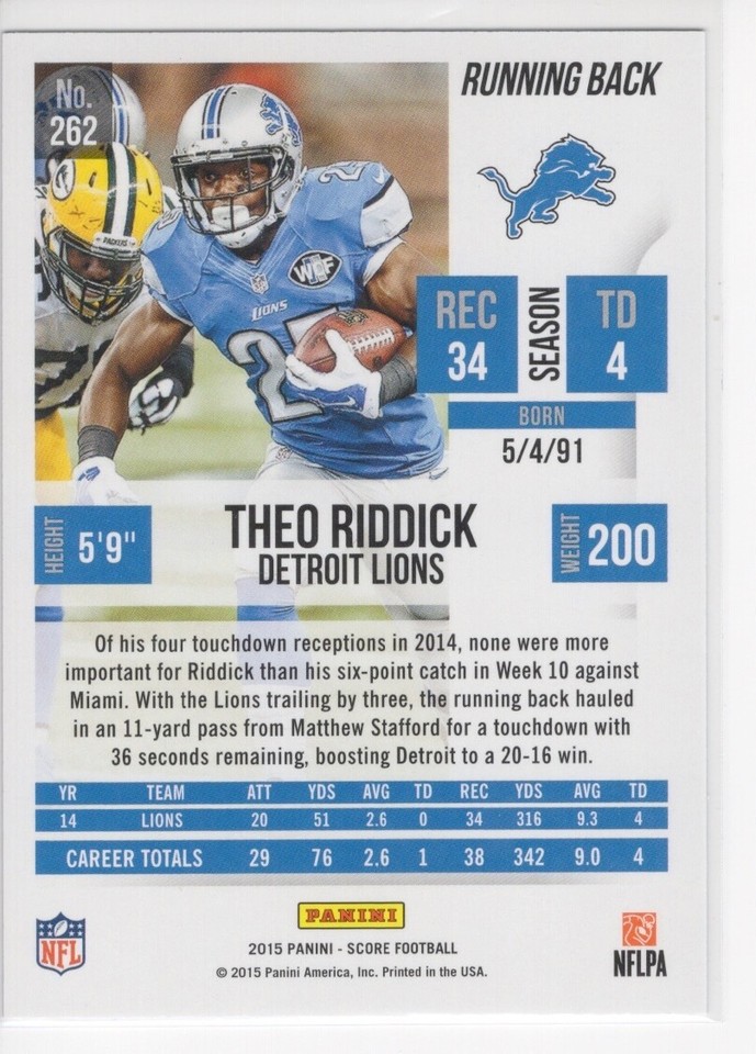 Theo Riddick 2015 Score #262 SHOWCASE Parallel SP #'d/99 Detroit Lions ...