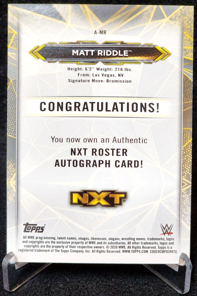 2020 WWE Topps NXT Matt Riddle On Card Auto Autograph Signed /99 RC ...