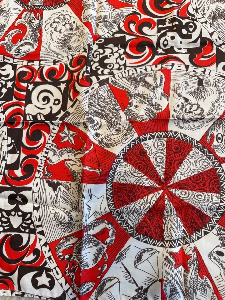 1960s 1970s Vintage Zodiac Head Bandana Square Fashion Scarf Red Black ...