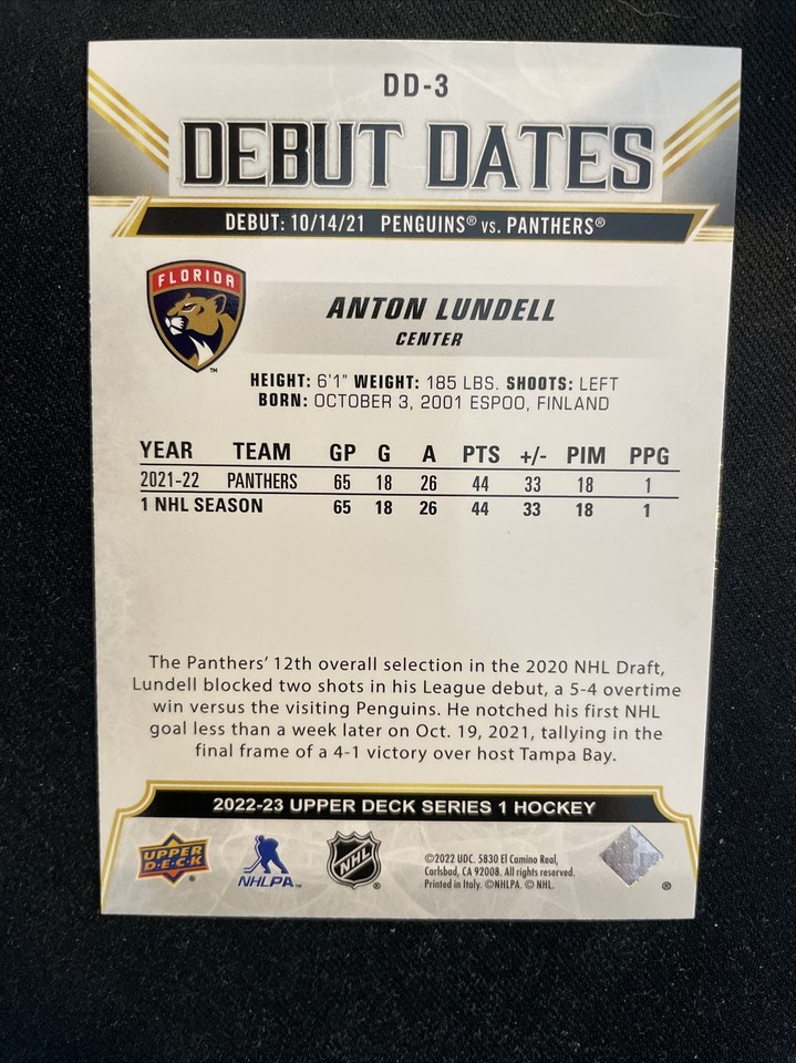 22-23 UD Series Hockey Debut Dates DD-3 Anton Lundell | eBay