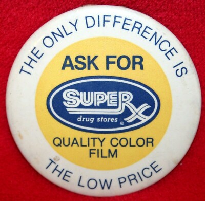 Vintage 70s SUPERX DRUG STORES Quality Color Film 3" PINBACK BUTTON ...