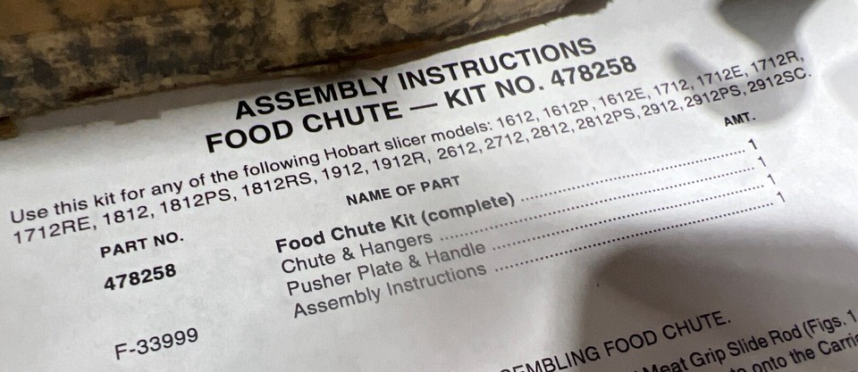 Hobart Food Chute 00-873604 Fits Slicers 1612, 1712, 1812,1912, Ect ...