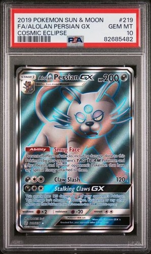 PSA 10 GEM MINT Alolan Persian GX #219 Cosmic Eclipse Full Art Pokemon ...