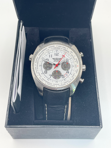 Mens AVIATOR Quartz Watch w/ World Time Chronograph Date 44mm Steel ...