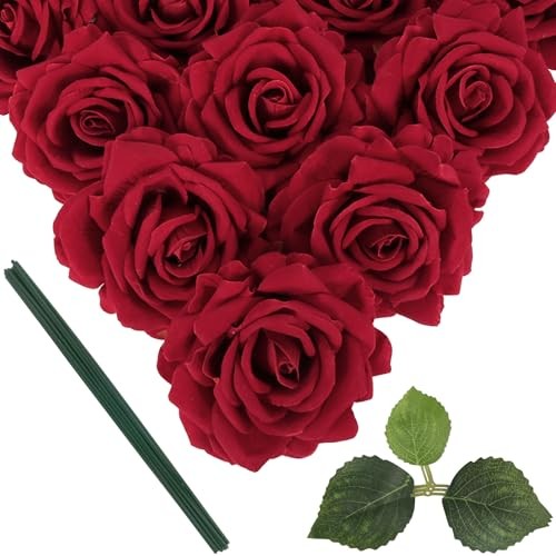 Dark Red Artificial Roses 10pcs Real Looking Red Velvet Roses 5" Large ...