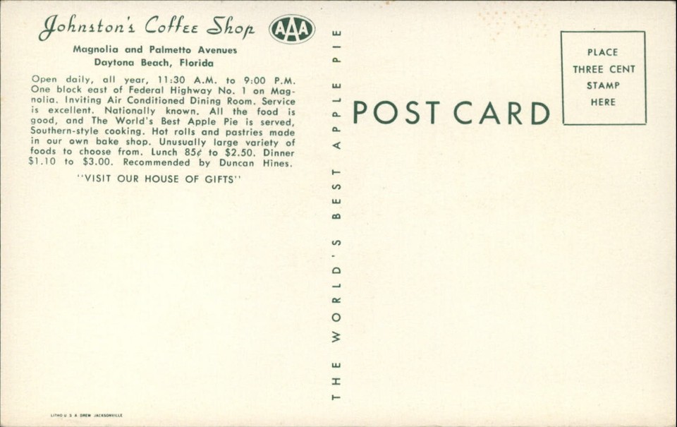 Daytona Beach Florida Johnston's Coffee Shop artist rendering vintage ...