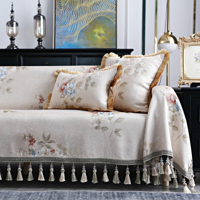 Luxury Tassels Floral Sofa Covers 3/2 Seater Jacquard Couch Slipcover ...