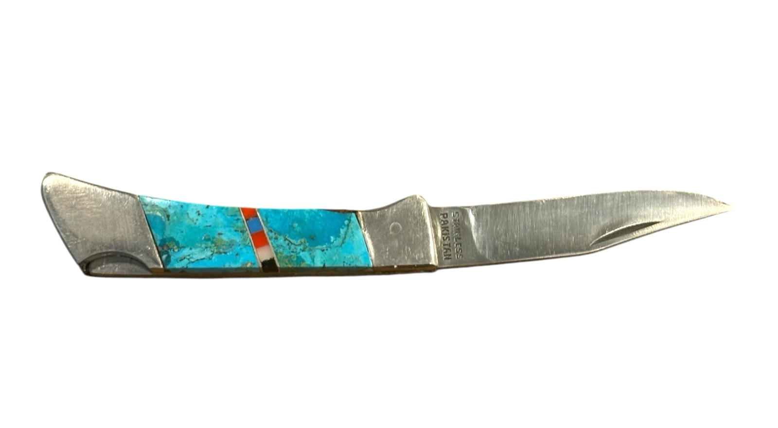 Pocket Knife Turquoise & Stone Inlay Handle Single Stainless Blade Easy ...