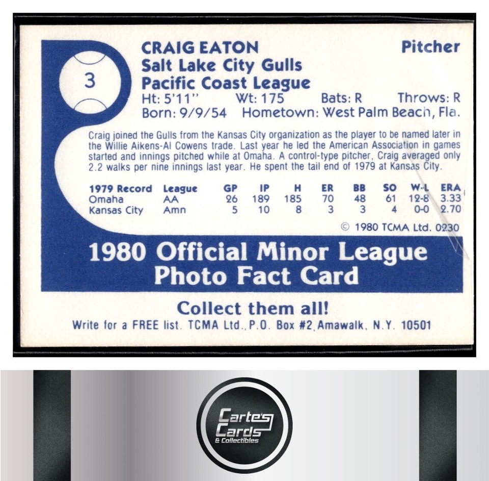 Craig Eaton 1980 TCMA Salt Lake City Gulls #3 California Angels | eBay