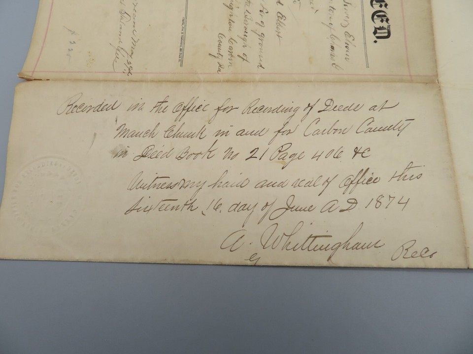 2 1873 Deeds/Indentures for same Property Lehighton, PA to David Ebbert ...