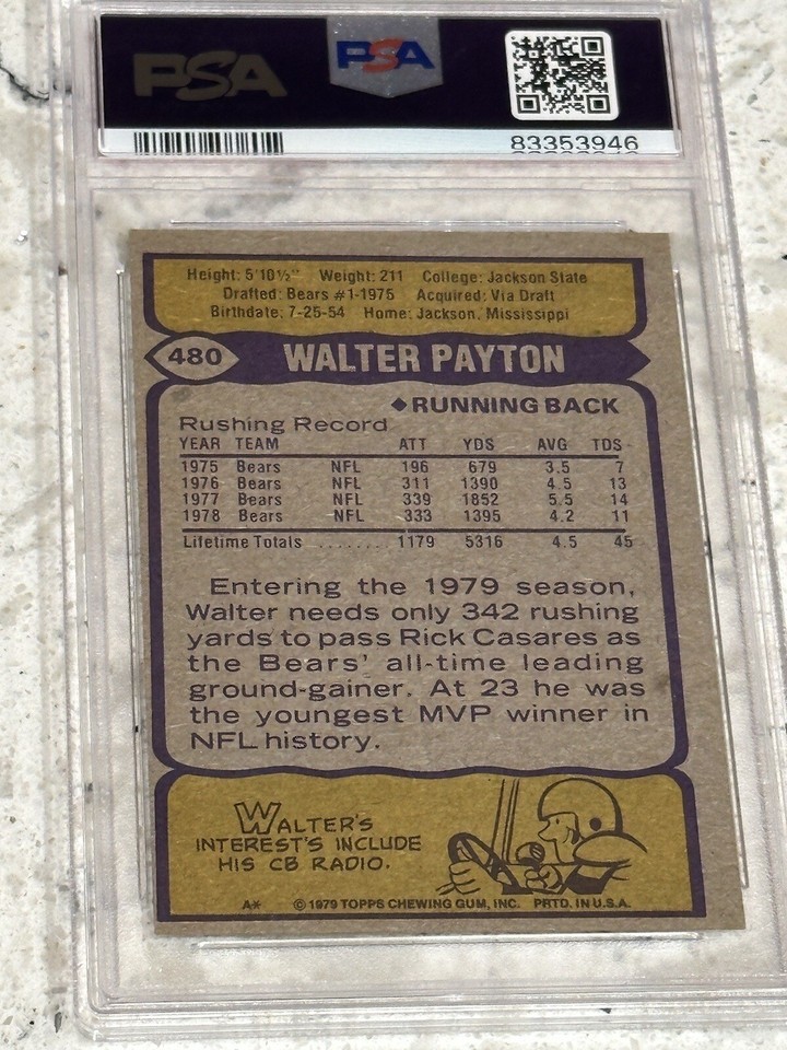 1979 Topps Walter Payton #480 PSA 5 EX Chicago Bears Sweetness NFL HOF ...
