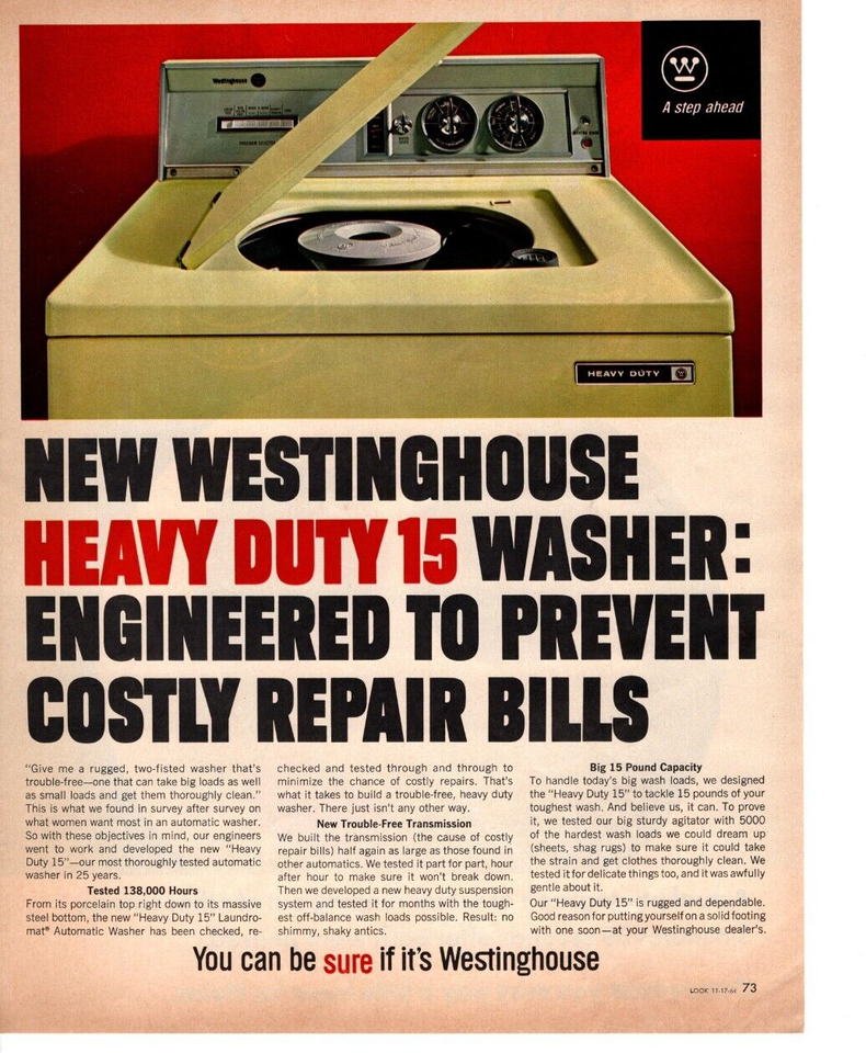 1964 WESTINGHOUSE WASHING MACHINE PRINT AD, HEAVY DUTY 15 WASHER PRINT ...