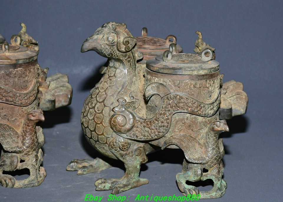 7''Antique Chinese Bronze Ware Dynasty Phoenix Bird Container ...