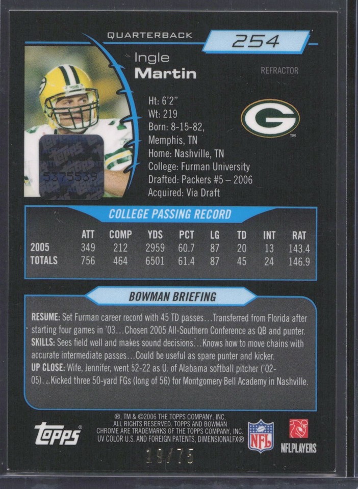2006 Bowman Chrome Ingle Martin Autograph Blue Refractor Rookie RC /75 ...