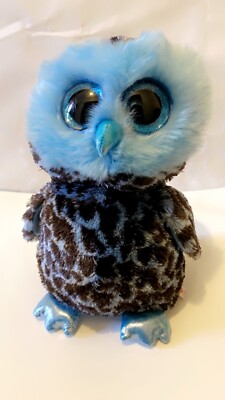 beanie boos Yago the owl. Has blue sparkly eyes, a blue beak and blue ...