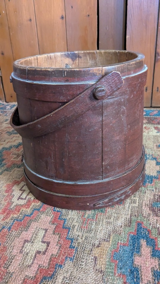 Antique Early Country Primitive Wood Firkin Bucket Old Red Paint 10.5 ...