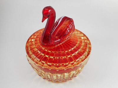Goofus glass, crystal cut swan candy dish red, orange | eBay