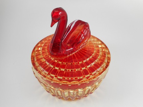 Goofus glass, crystal cut swan candy dish red, orange | eBay