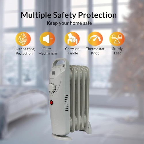 Radiator Electric Portable 5 Fin Oil Filled Heater 500W Thermostat Grey ...