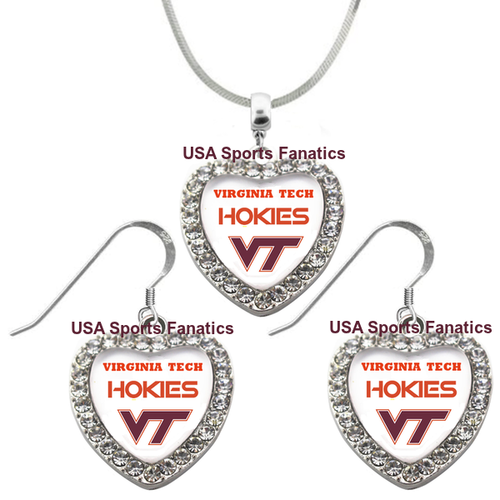 Virginia Tech Hokies 925 Necklace or Earrings or Set Team Heart With ...
