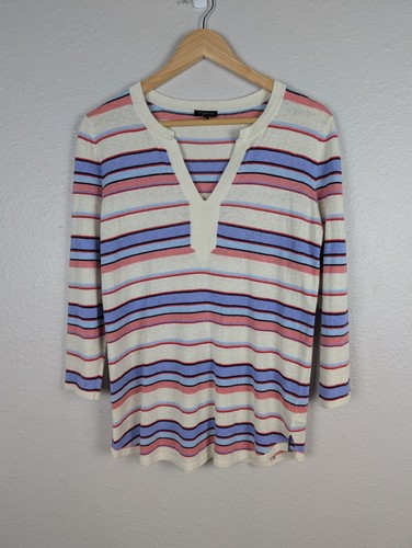 Talbots Womans Linen Blend Split Neck Sweater Striped Ivory Sz Small Coastal 141 | eBay