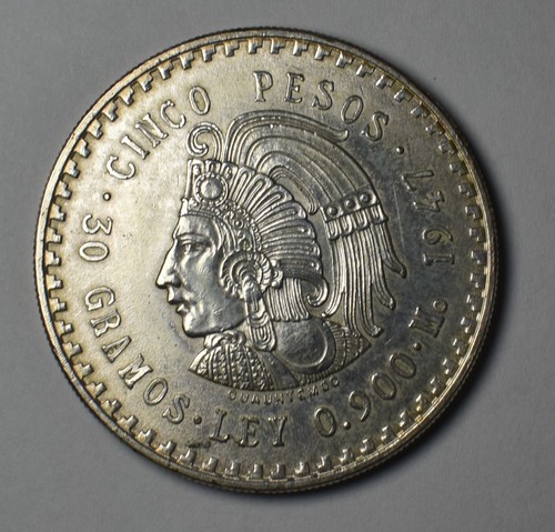 1947 MEXICO Aztec Chieftain CUAUHTEMOC Eagle Silver Coin Cino 5 Pesos ...