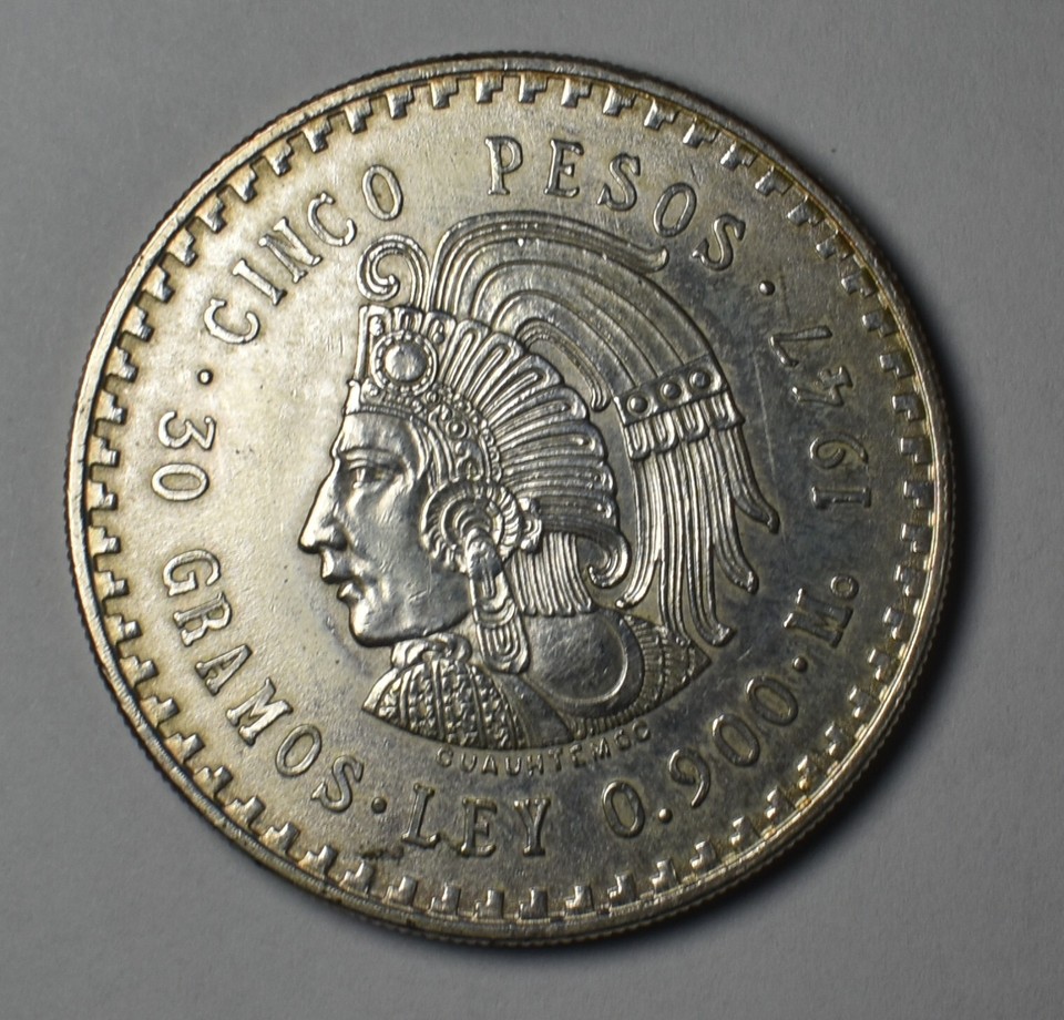 1947 MEXICO Aztec Chieftain CUAUHTEMOC Eagle Silver Coin Cino 5 Pesos ...
