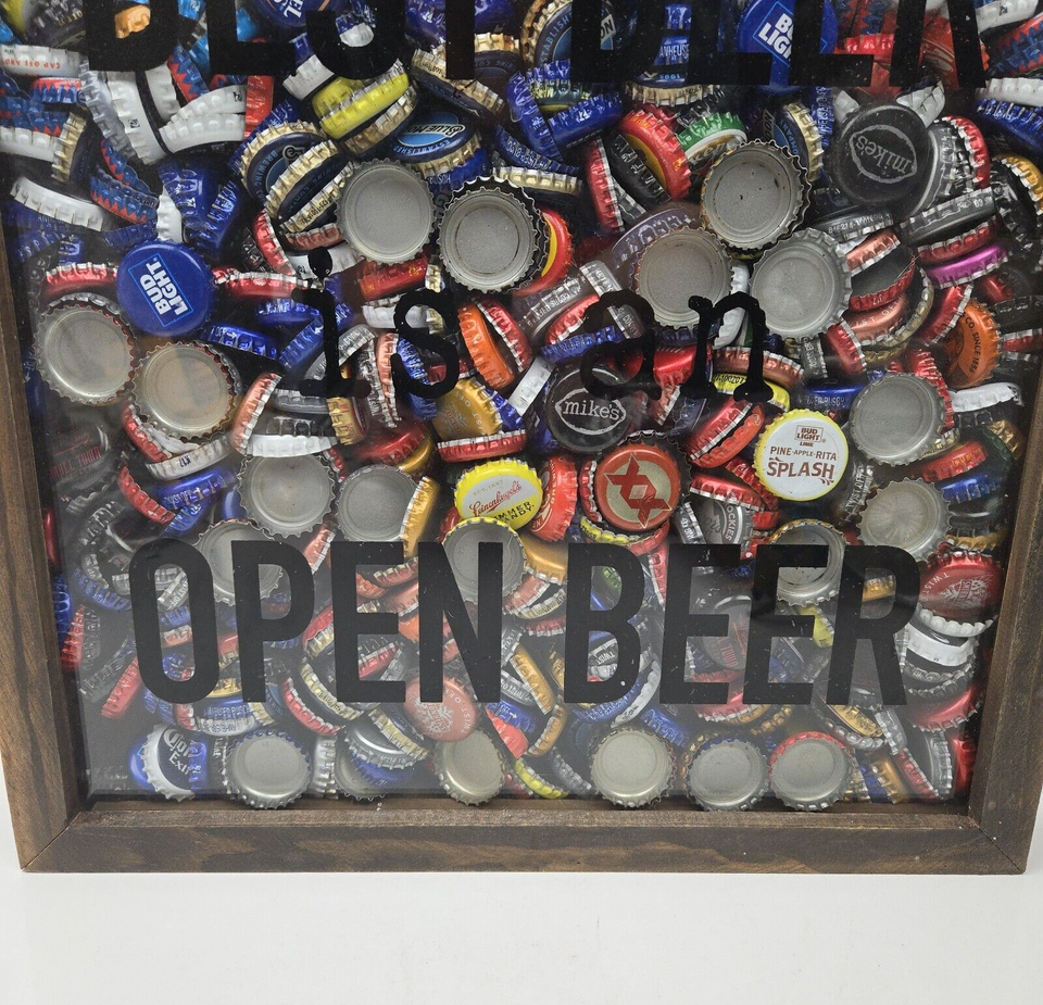 Beer Cap Shadow Box 100's of Caps Pre-Filled In Wood & Glass Holder 18 ...