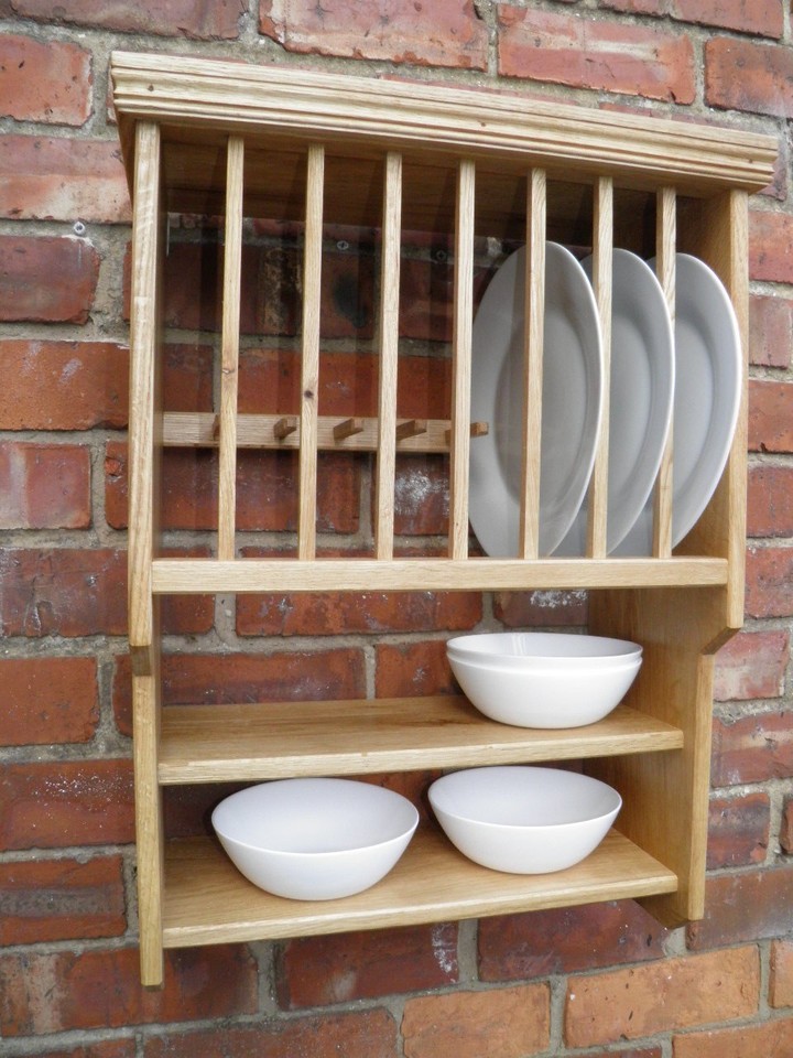 Hand Crafted Reclaimed Rustic Oak Plate Rack 8 Plate + Shelf + Cup Rail ...