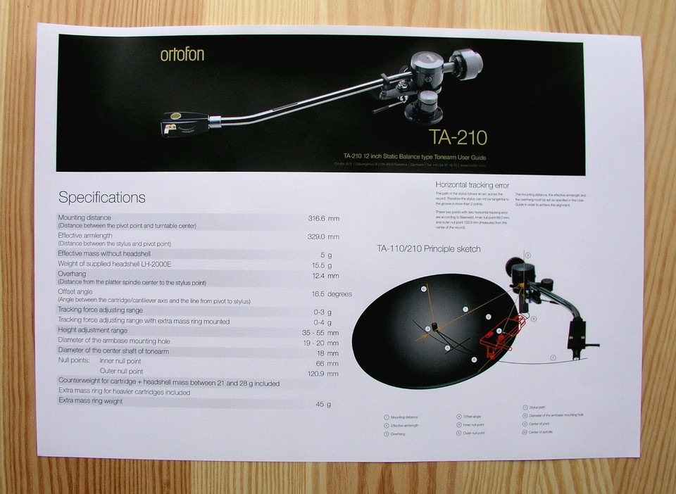 Ortofon TA-210 Custom Designed Tonearm Cartridge Stylus Alignment ...
