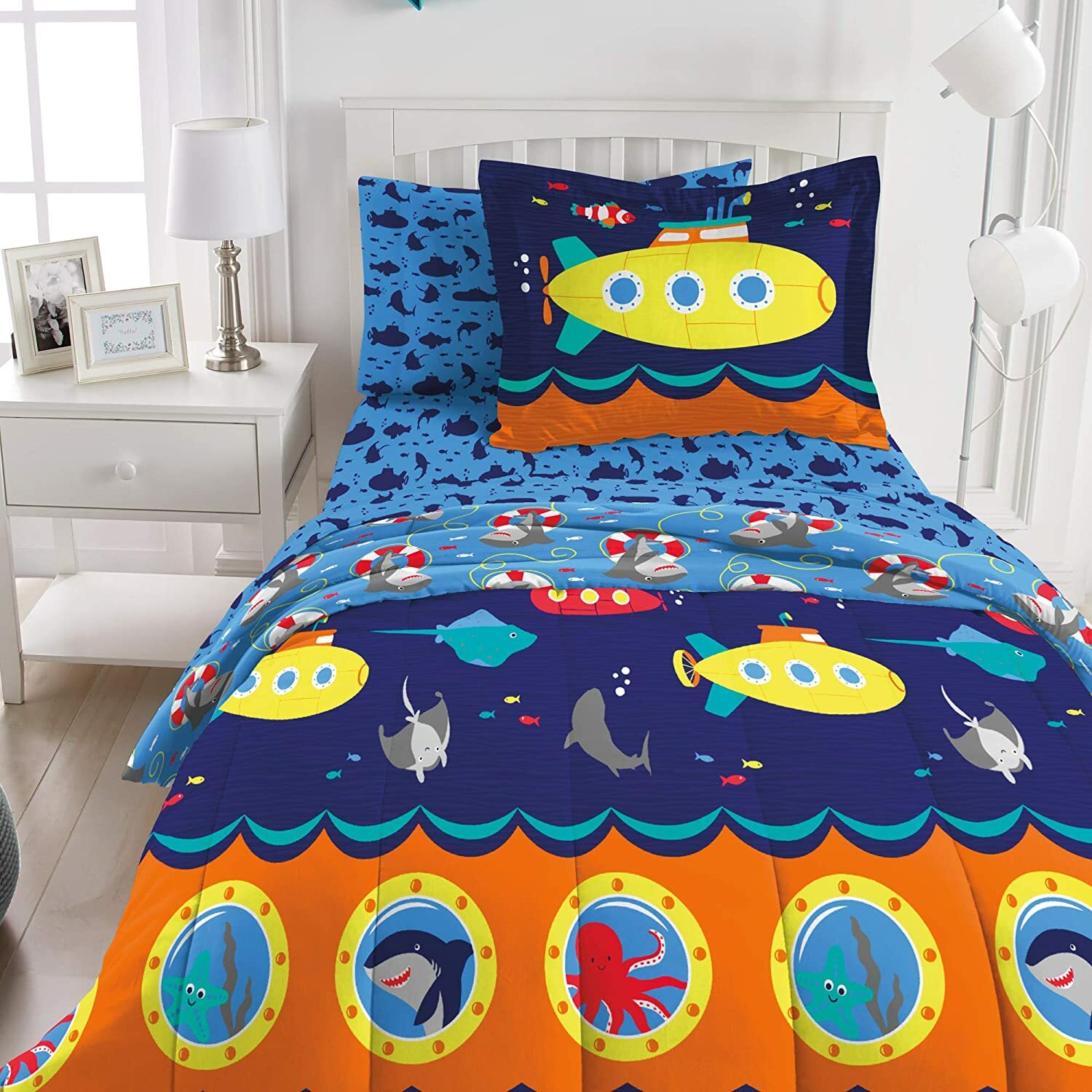 Twin Full Bed Bag Submarines Sharks Fish Stingray Ocean 7 pc Comforter ...
