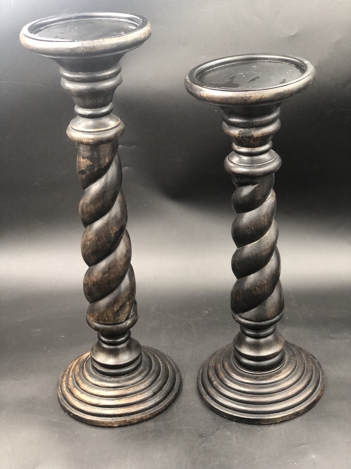 Large Dark Stained Wood Pillar Candle Stick Holders 17” & 15” Tall ...
