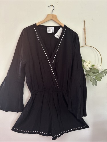 Bar III Swim Suit Cover Up/Romper Black Studded Pockets Bell Sleeve ...