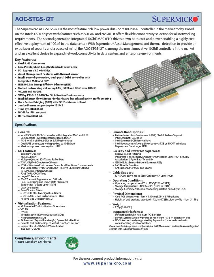 Supermicro 10Gb Dual Port Ethernet LAN PCI-E Adapter Intel X550 Network ...
