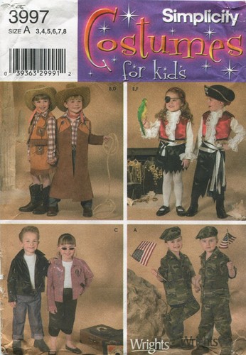 Simplicity 3997 Kids Costumes Western 50's Pirate Sewing Pattern Uncut ...