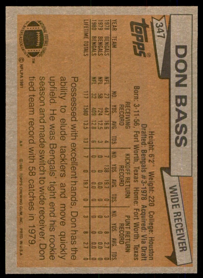 1981 TOPPS DON BASS CINCINNATI BENGALS #347 | eBay