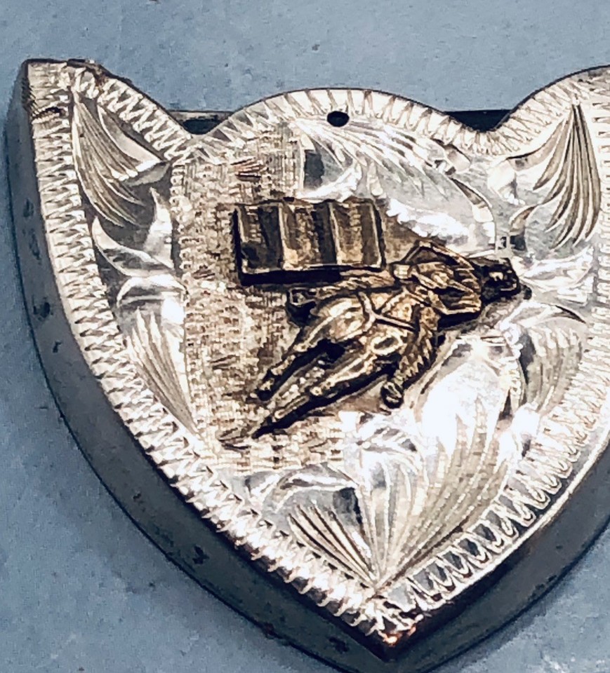 Vtg. Sterling Native American Belt Tip w.Horse & Rider in Gold Overlay ...