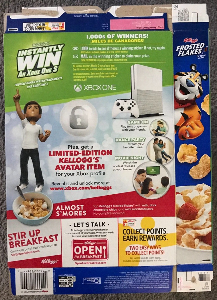 EMPTY Kellogg's Frosted Flakes XBOX ONE Instant Win Offer Cereal Box ...