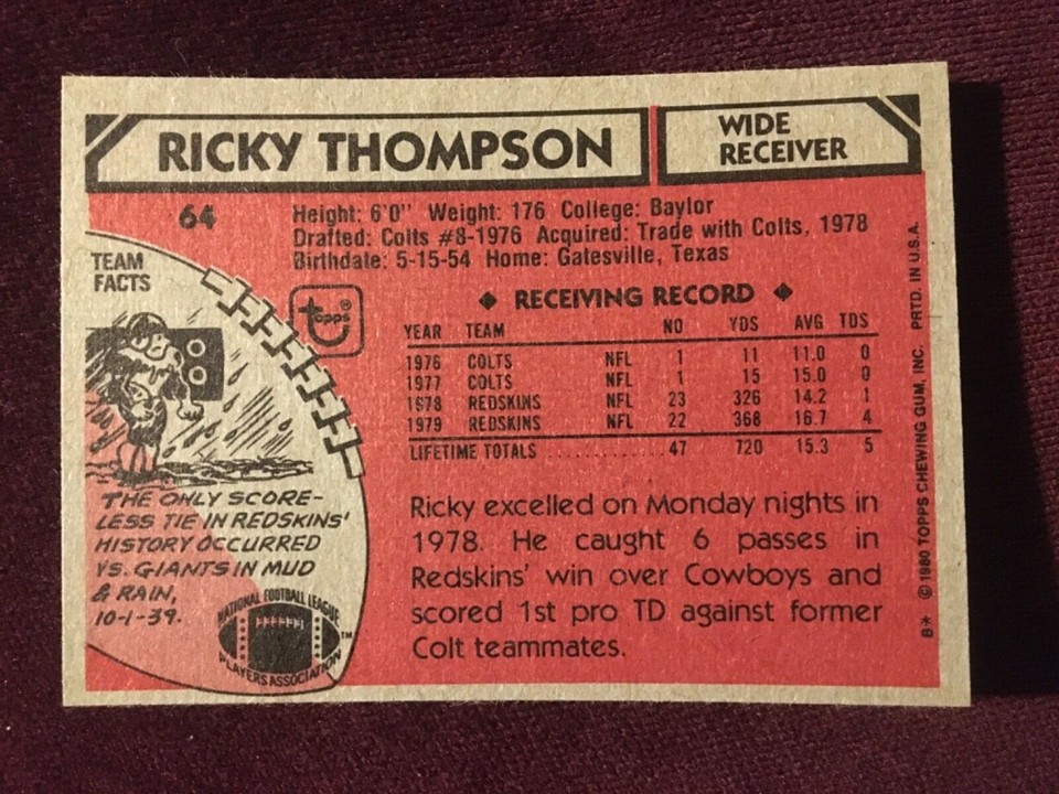 1980 Topps #64 Redskins Ricky Thompson Football Card | eBay
