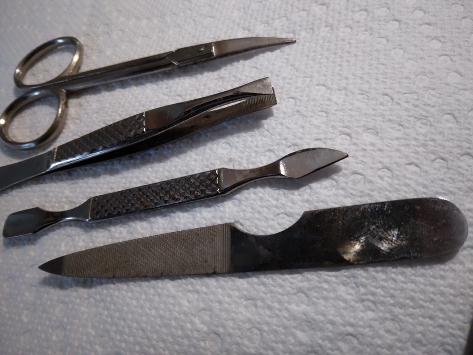 ANTIQUE 4PC MANICURE Pocket/TRAVEL SET IN ORIG Leather CASE MADE IN ...