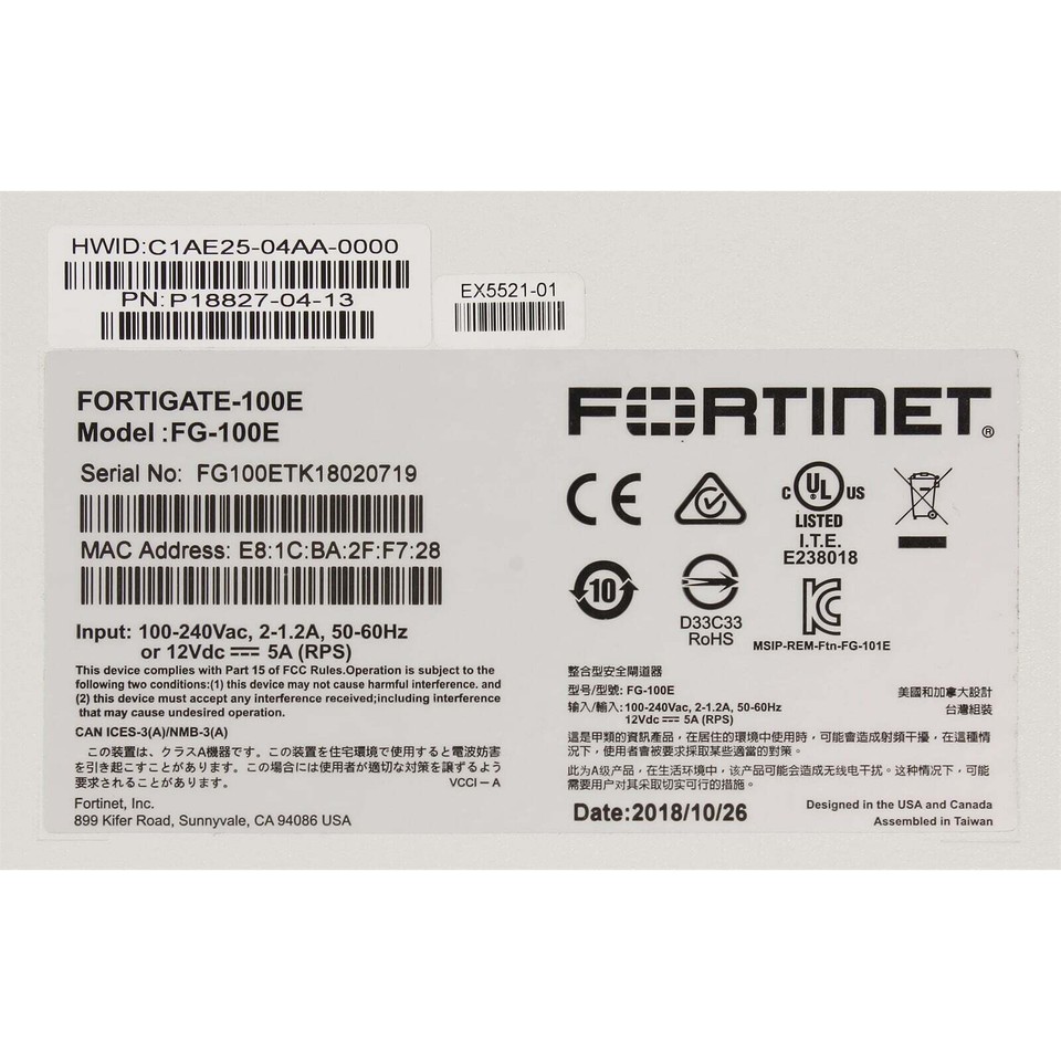 Fortinet Firewall FortiGate 100E 7,4 Gbps - P18827-04-13 FG-100E ...