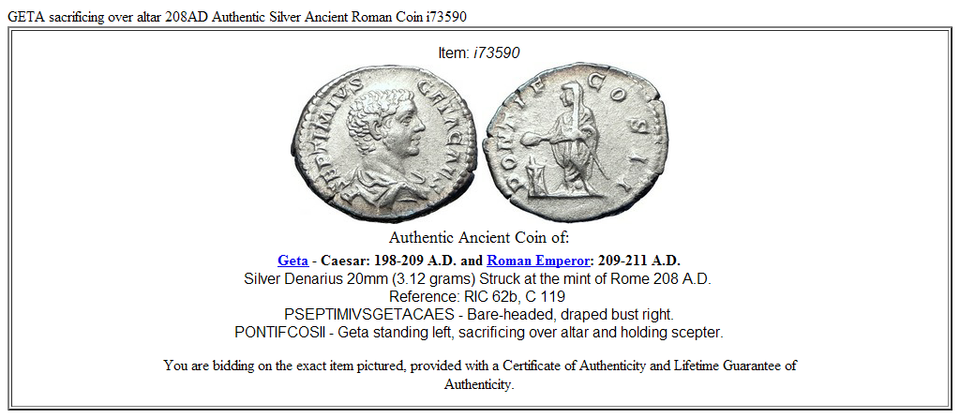 GETA sacrificing over altar 208AD Authentic Silver Ancient Roman Coin ...