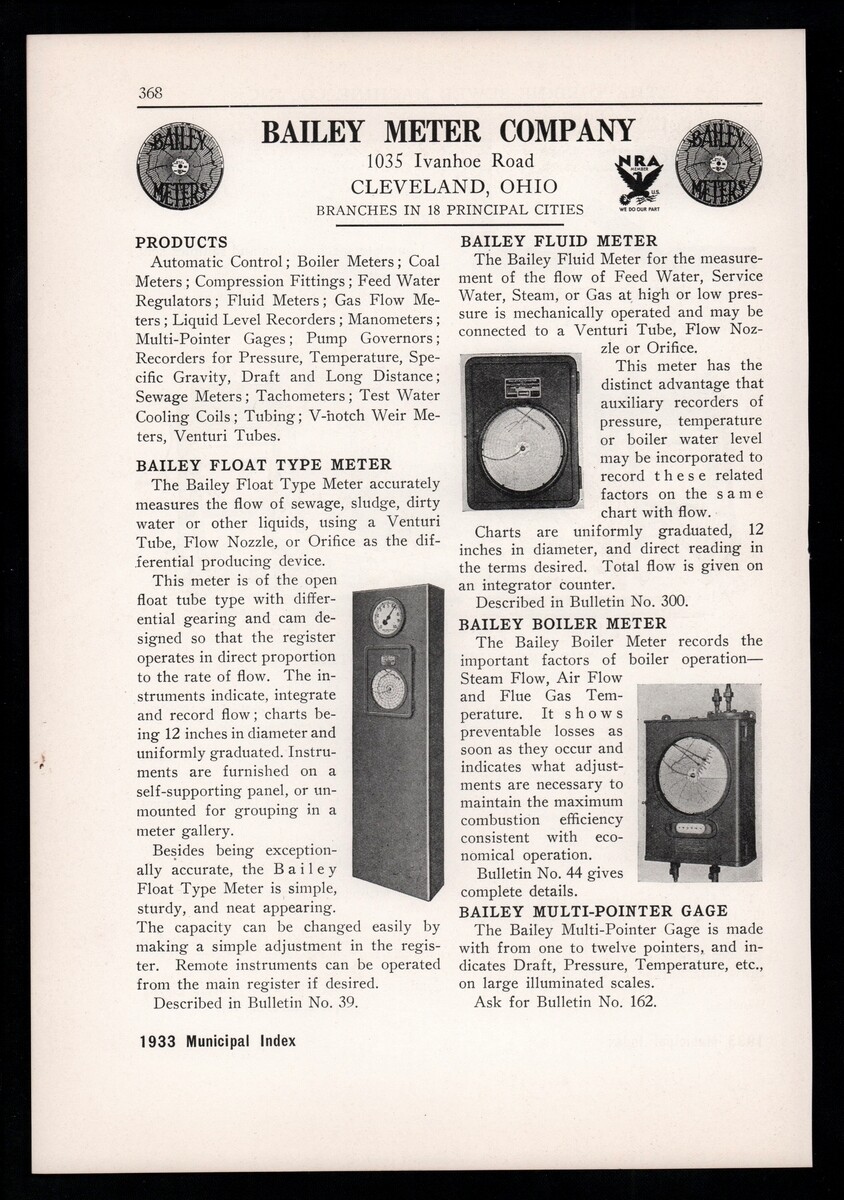 1933 Bailey Meter Company ad Fluid Meters Cleveland OH Vintage magazine ...
