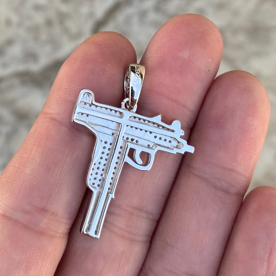 925 Sterling Silver Uzi Submachine Gun Pendant Flooded Out CZ Iced Hip ...