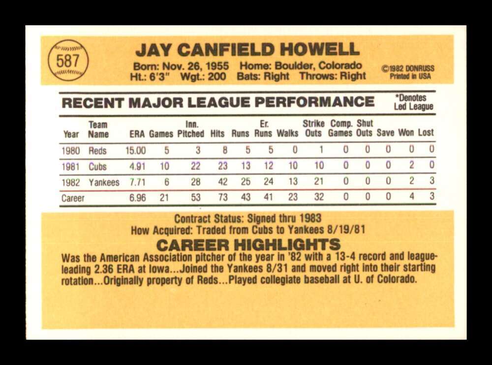 1983 Donruss Jay Howell #587 New York Yankees NM Near Mint | eBay