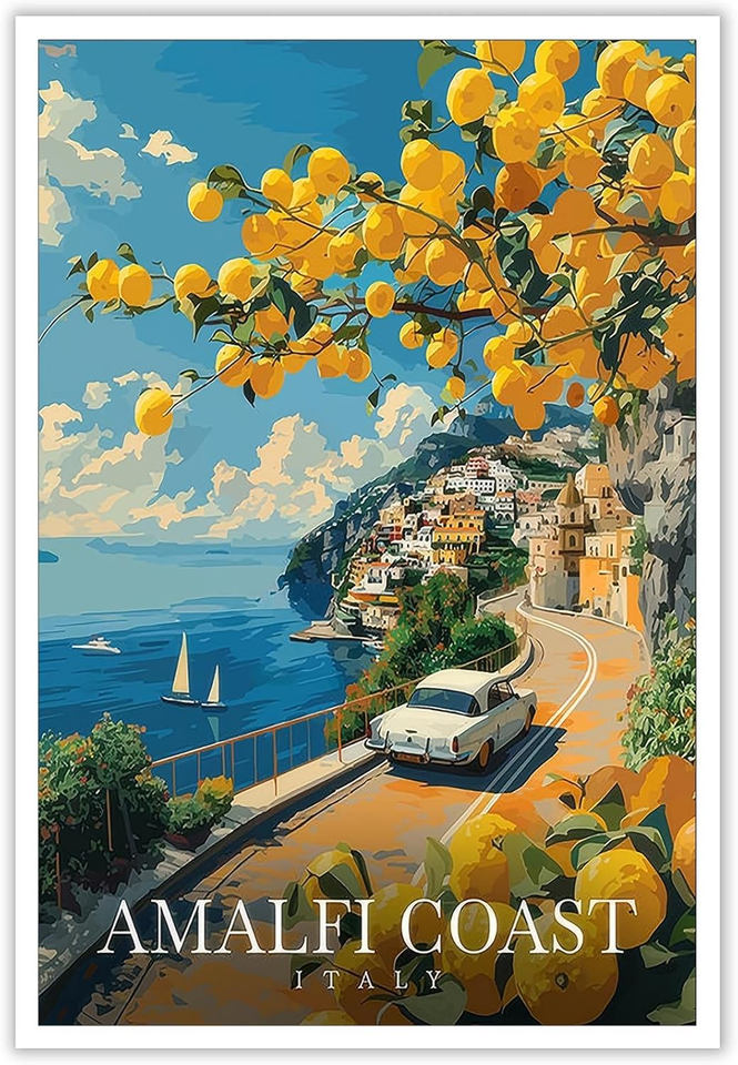 Vintage Amalfi Coast Scenery Wall Art Funky Italy City Landscape Canvas ...