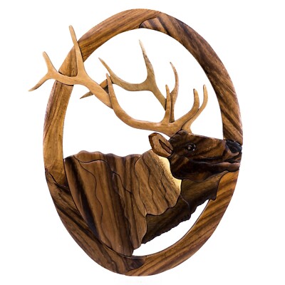 Wood Intarsia Large Elk Deer Head Wall Hanging 15" x 12" Handcrafted ...
